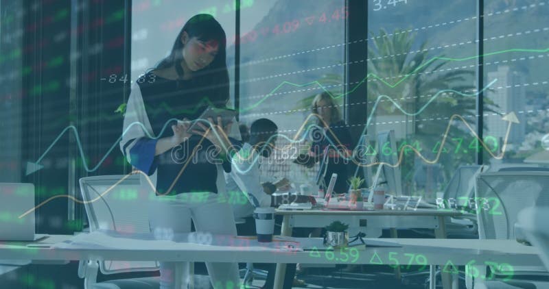 Animation of Graph, Changing Numbers, Trading Board, Asian Woman ...