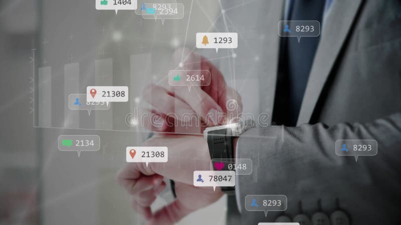 Animation of Graph, Connected Dots, Notifications Icons Over Caucasian ... Animation of Graph, Connected Dots, Notifications Icons Over Caucasian ...