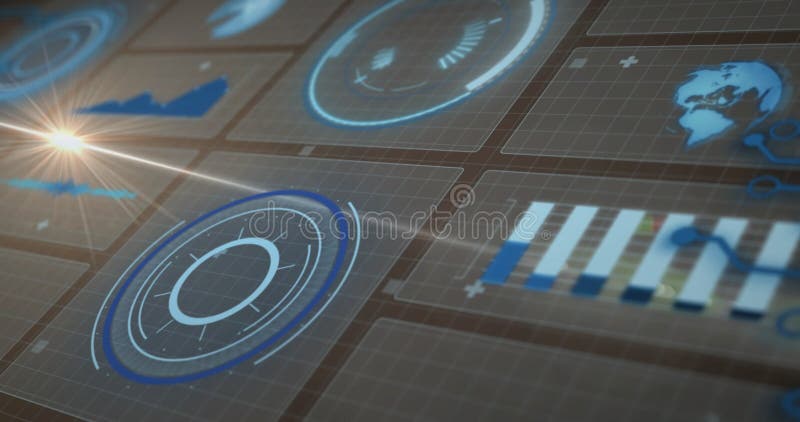 Animation of Graph, Globe, Loading Circles with Lens Flares Against ...
