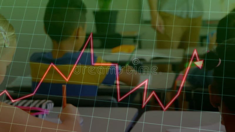 Animation of Graph and Grid Pattern Over Smiling Caucasian Girl Writing ...