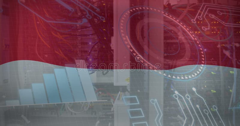 Animation of Graph, Loading Circles and Circuit Board Pattern Over Indonesian Flag Over Data ...