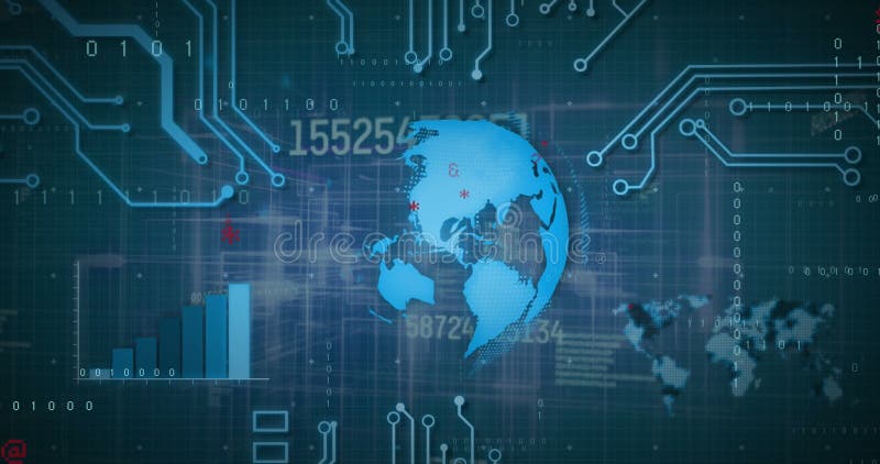 Animation of Graph, Map, Changing Numbers, Map, Circuit Board Pattern Over Globe on Blue ...