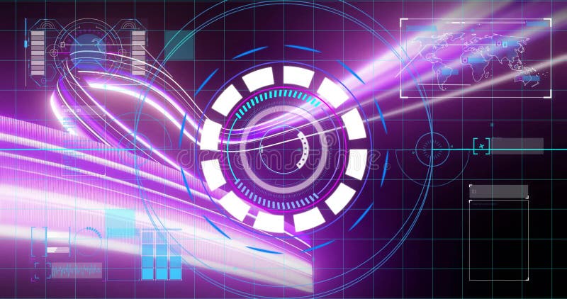 Animation of Graph, Map, Loading Circles in Arc Reactor Over Dynamic Waves Against Black ...