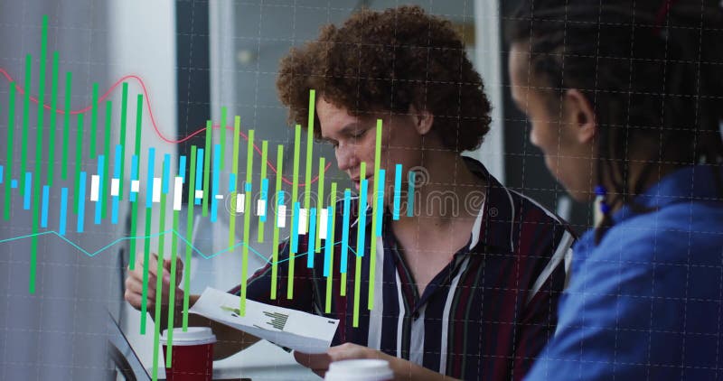 Animation of Graph Processing Data Over Diverse Male Colleagues Talking ...