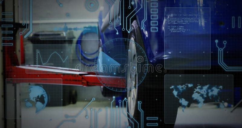 Animation of Graph, Radar, Globe, Map Over Lift Picking Up Car in ...