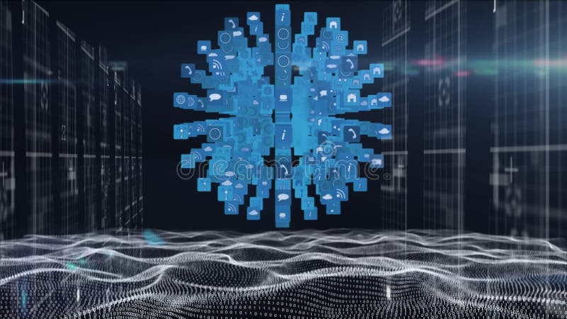 Animation of Graphical Globe Made of Computer Icons Rotating Amidst Bar Graphs Over Wave ...