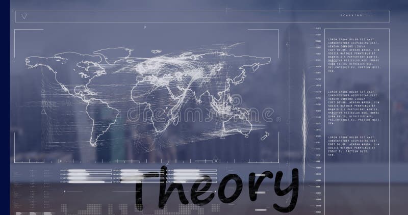 Animation of Graphical Infographic Interface Screen with Map, Programming Data and Theory Text ...