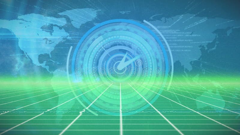 Animation Of Graphical Scope Scanning With Timer Moving In Loop Over Grid Pattern And World Map