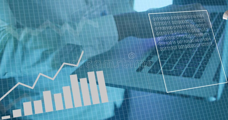 Animation Of Graphs Binary Codes And Loading Circles Midsection Of Woman Using Laptop Stock