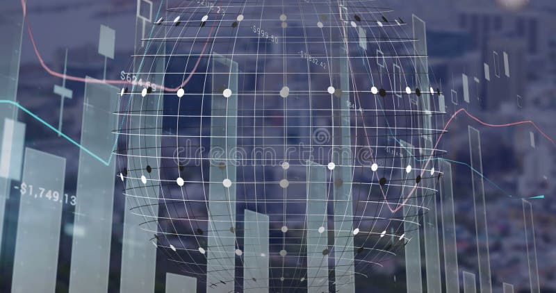 Animation of Graphs, Changing Numbers, Grid Pattern Globe Over Modern Cityscape Stock Video ...