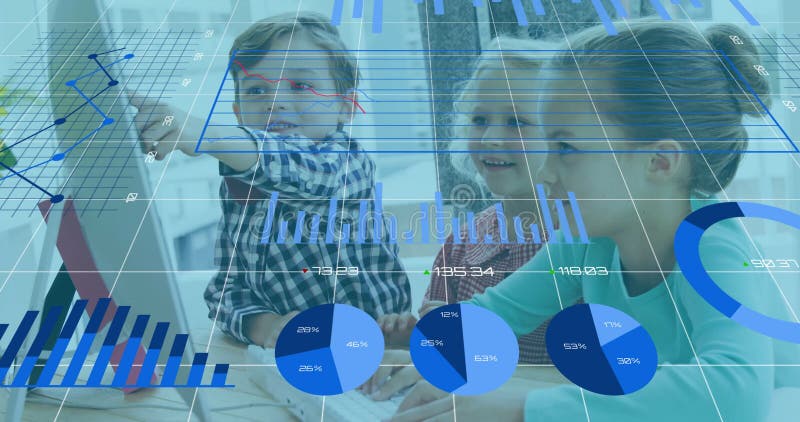 Animation of Graphs, Changing Numbers and Loading Circles Over Caucasian Children Using Computer ...