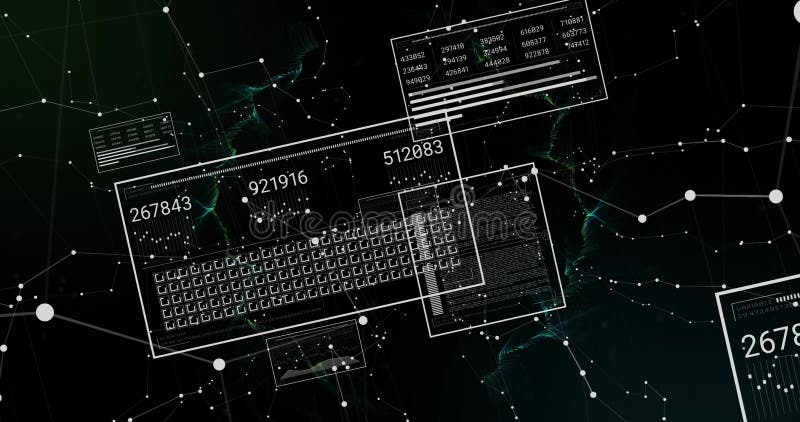 Animation of Graphs, Changing Numbers, Loading Squares and Connected Dots Over Black Background ...