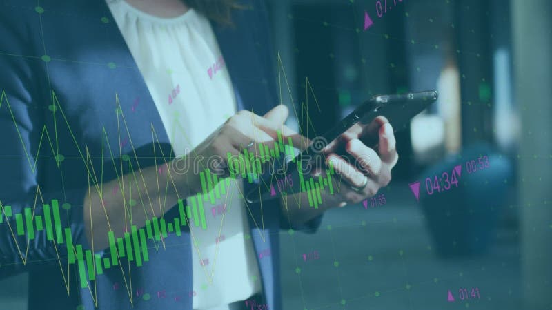 Animation of Graphs with Changing Numbers, Midsection of Biracial Woman Scrolling on Digital ...