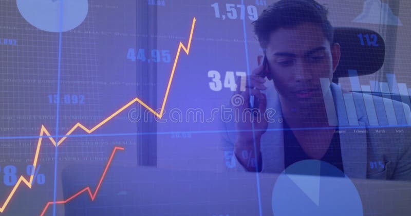 Animation of Graphs, Changing Numbers Over Biracial Man Talking on ...