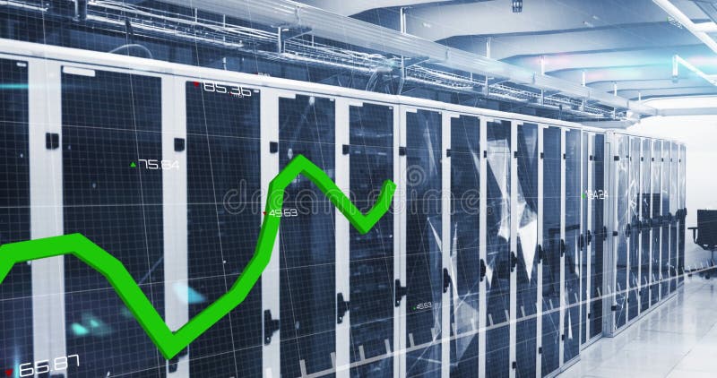 Animation of Graphs, Changing Numbers Over Connected Dots on Data Server Racks in Server Room ...