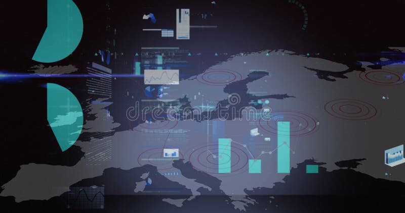 Animation of Graphs and Charts Processing Data Over World Map on Black ...
