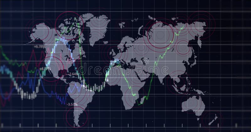 Animation of Graphs and Circular Patterns Over Map Against Black Background Stock Video - Video ...