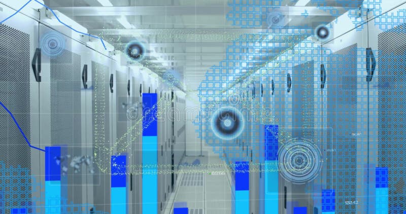 Animation Of Graphs And Circular Scanners Processing Data Over Server Room Stock Footage Video