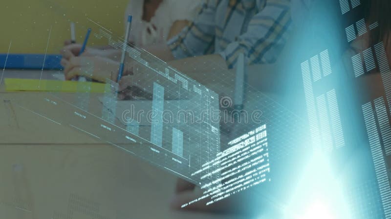 Animation of Graphs, Computer Language, Loading Bars Over Diverse Students Writing in Notepads ...