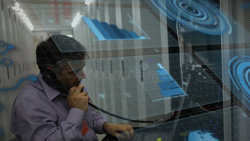 Animation of Graphs and Data Processing Over Caucasian Man on Phone ...