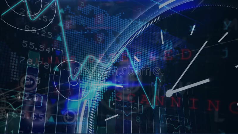 Animation of Graphs, Digital Clock, Map and Trading Board Over Black ...