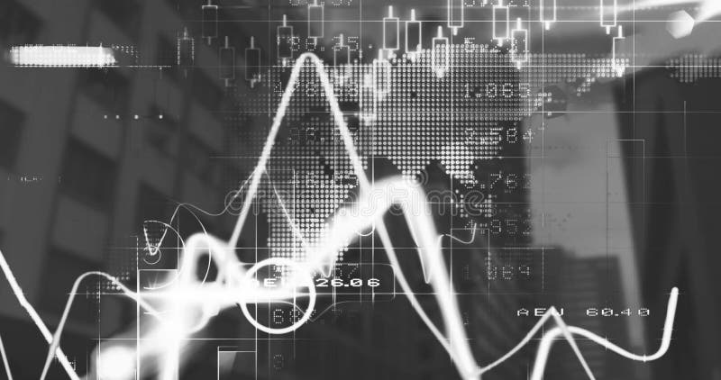 Animation of Graphs, Dots Forming Maps and Trading Board Over Low Angle ...