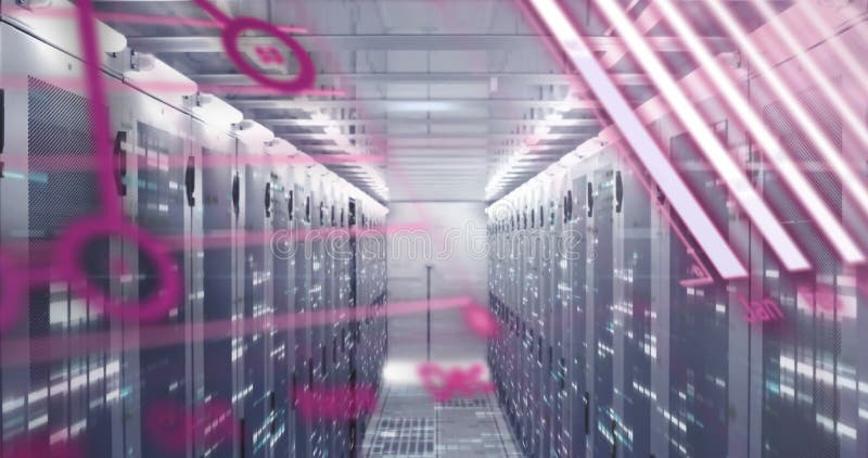 Animation of Graphs, Globe and Computer Language Over Bars on Data Server Racks in Server Room ...