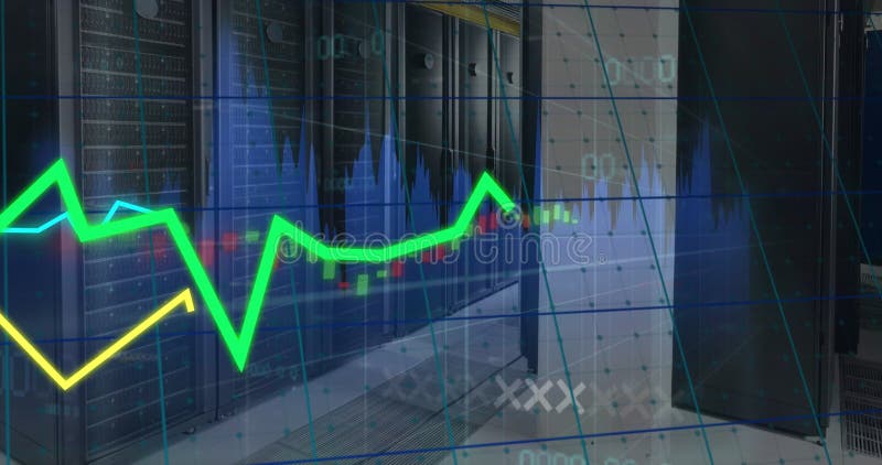 Animation of Graphs and Grid Pattern Over Server Racks in Server Room ...