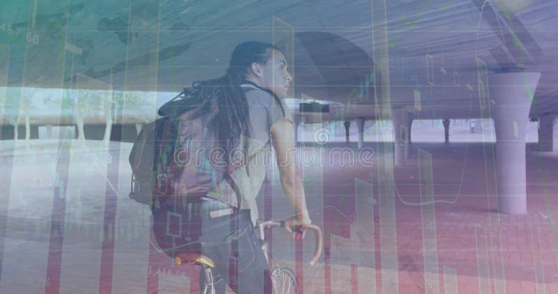 Animation of Graphs and Infographic Interface Over Biracial Man Riding ...