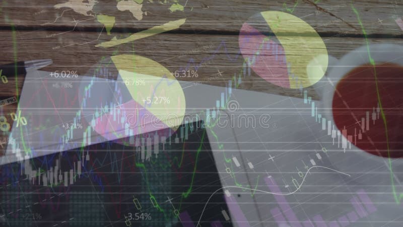 Animation of Graphs and Infographic Interface Over Coffee Cup, Digital ...