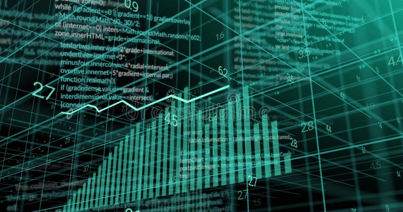 Animation of Graphs and Layers of Data Processing Over 3d Grid on Black ...