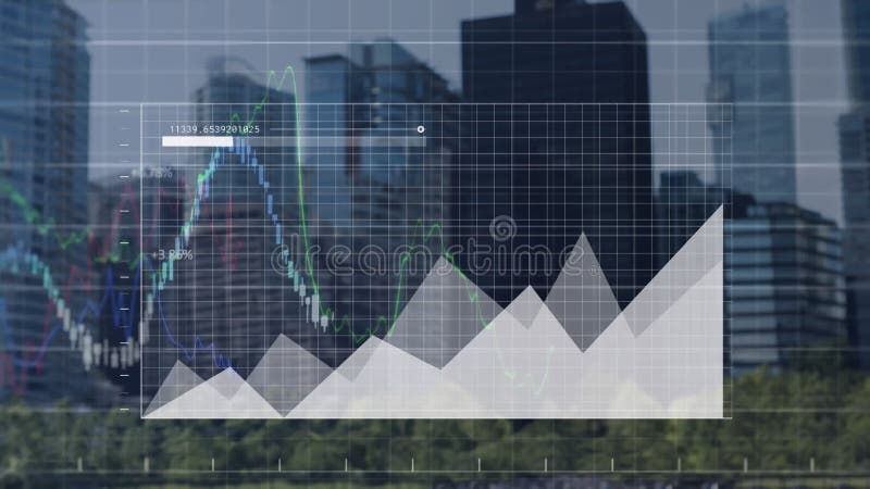 Animation of Graphs, Loading Bars and Changing Numbers Over Trees Against Modern Buildings Stock ...