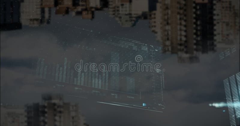 Animation of Graphs, Loading Bars and Computer Language Over Modern Buildings Against Cloudy Sky ...