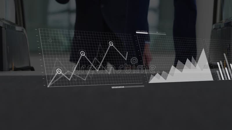 Animation of Graphs, Loading Bars and Map Over Diverse Businesspeople Getting Up Using Escalator ...