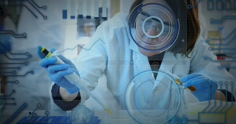 Animation of Graphs, Loading Circles, Caucasian Female Scientist Taking ...