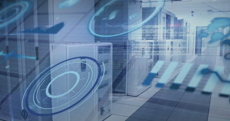 Animation of Graphs, Loading Circles, Globe, Computer Language Over Data Server Room Stock Video ...