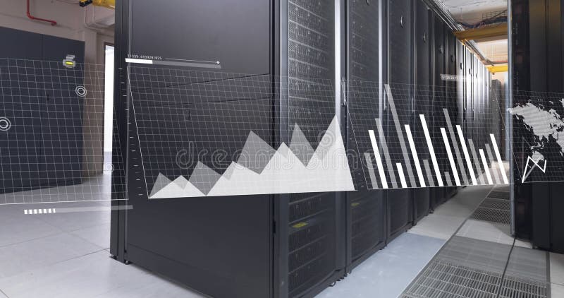 Animation of Graphs, Map, Loading Bars Over Data Server Racks in Server ...