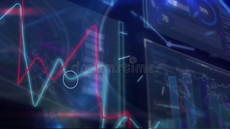 Animation of Graphs, Map, Trading Board, Loading Circles, Changing Numbers Over Abstract ...