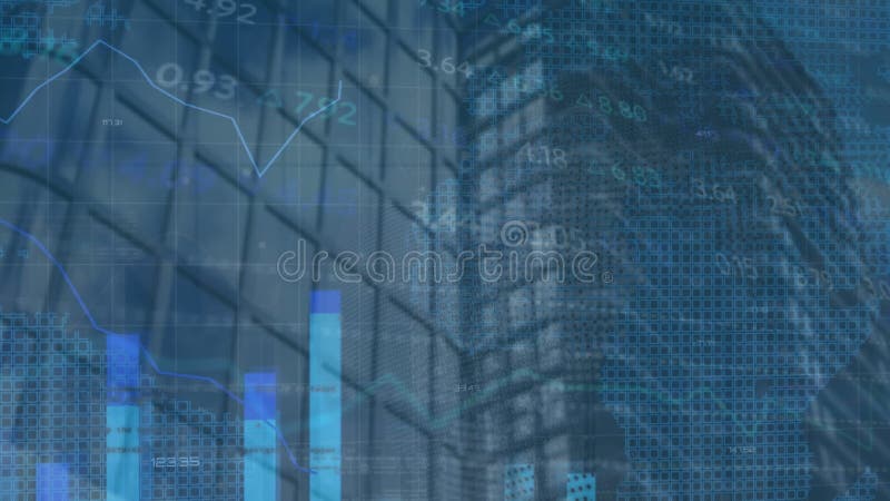 Animation of Graphs, Map and Trading Board Over Low Angle View of ...