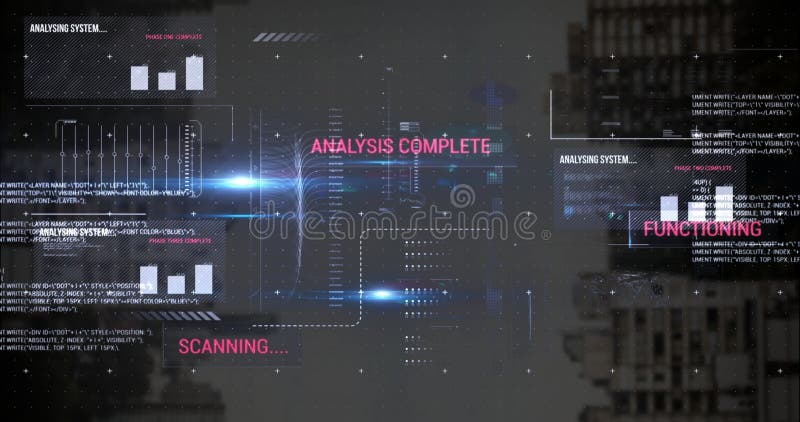 Animation of Graphs, Texts, Loading Bars and Computer Language, Modern Buildings Against Cloudy ...