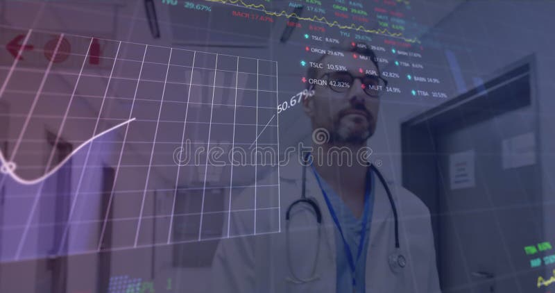 Animation of Graphs and Trading Board Over Low Angle View of Caucasian ...