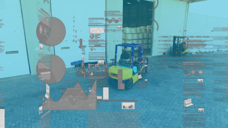 Animation of Graphs and Trading Board Over Man Driving Forklift Towards ...