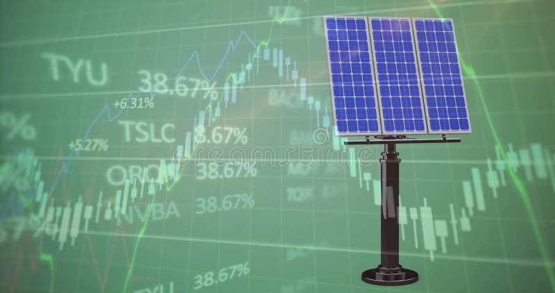 Animation of Graphs and Trading Board Over Solar Panel Against Abstract ...