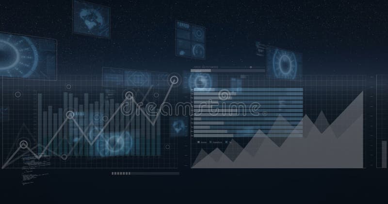 Animation Of Graphs World Map And Data Processing On Dark Interface