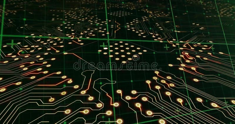 Animation of Green Grid Over Transferring Data on Glowing Motherboard ...