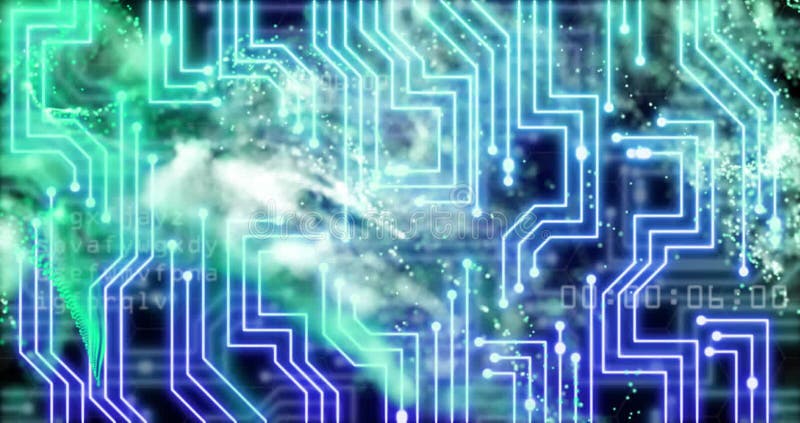 Animation Of Green Mesh Data Processing Over Computer Circuit Board