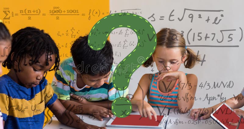 Animation of Green Question Mark and Maths Equations Over Diverse ...