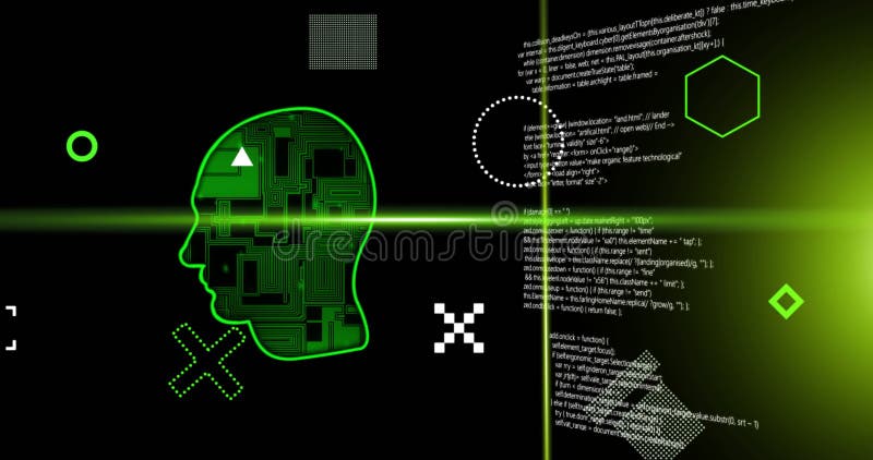 Animation of Green Scanner Beams and Rotating Shapes Over Network Head ...