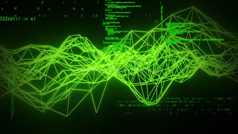 Animation of Green Wireframe Wave with Digital Code, Abstract ...
