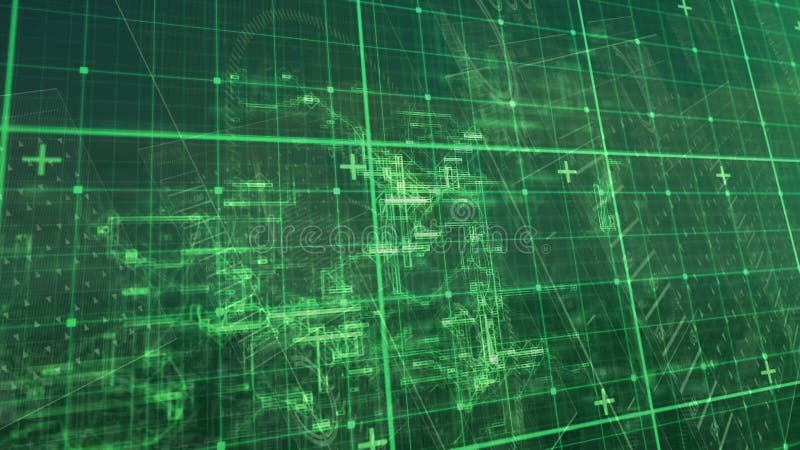Animation Of Grid Pattern Over Matrix Map Against Loading Circles And